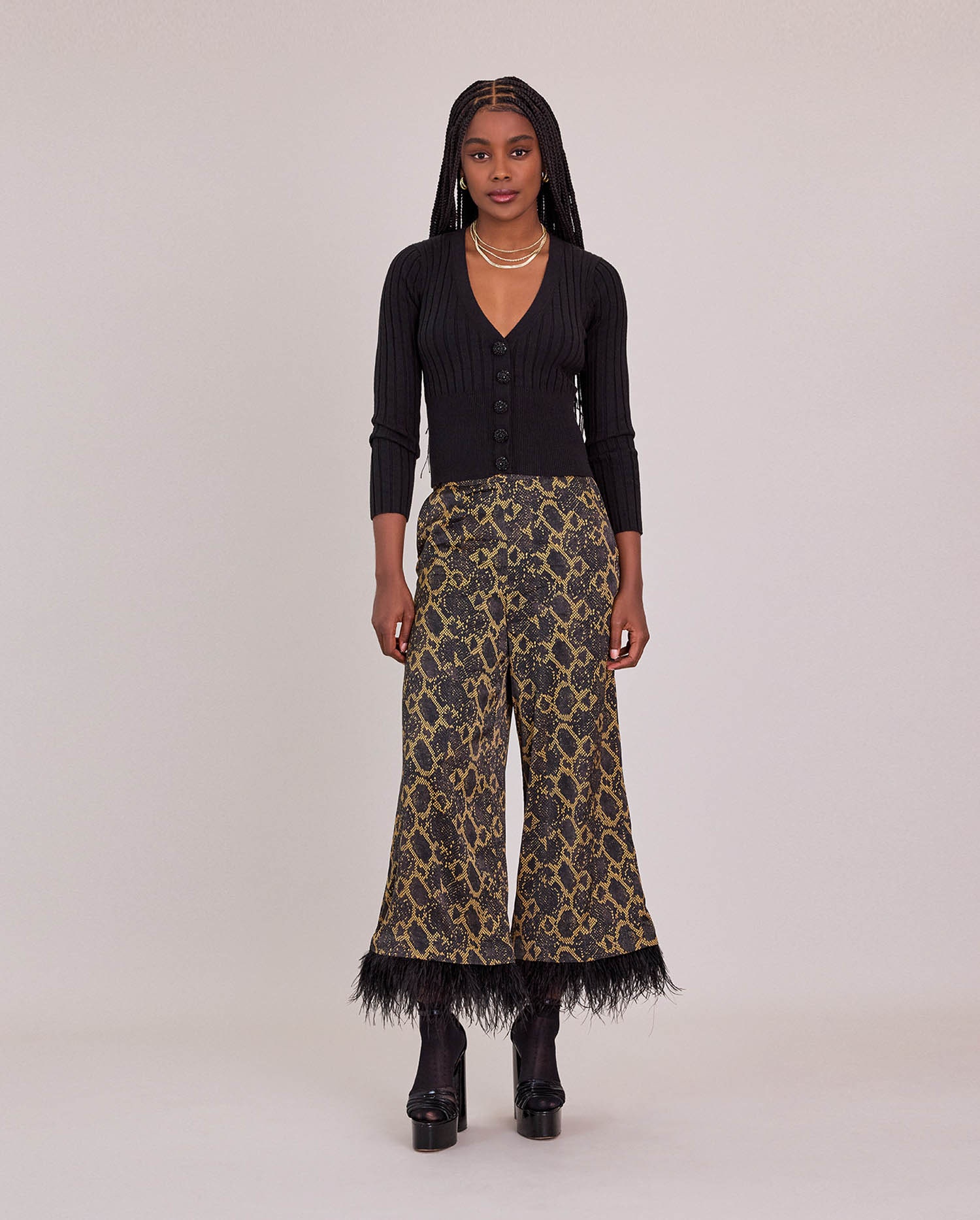 Brown Silk Blend Printed Pajama Style Pant With Removable Feather Trim: Women's Luxury Pants ...